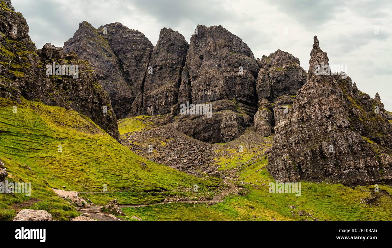 Rock formation of the so-called Old Man of Storr seen from below and ...