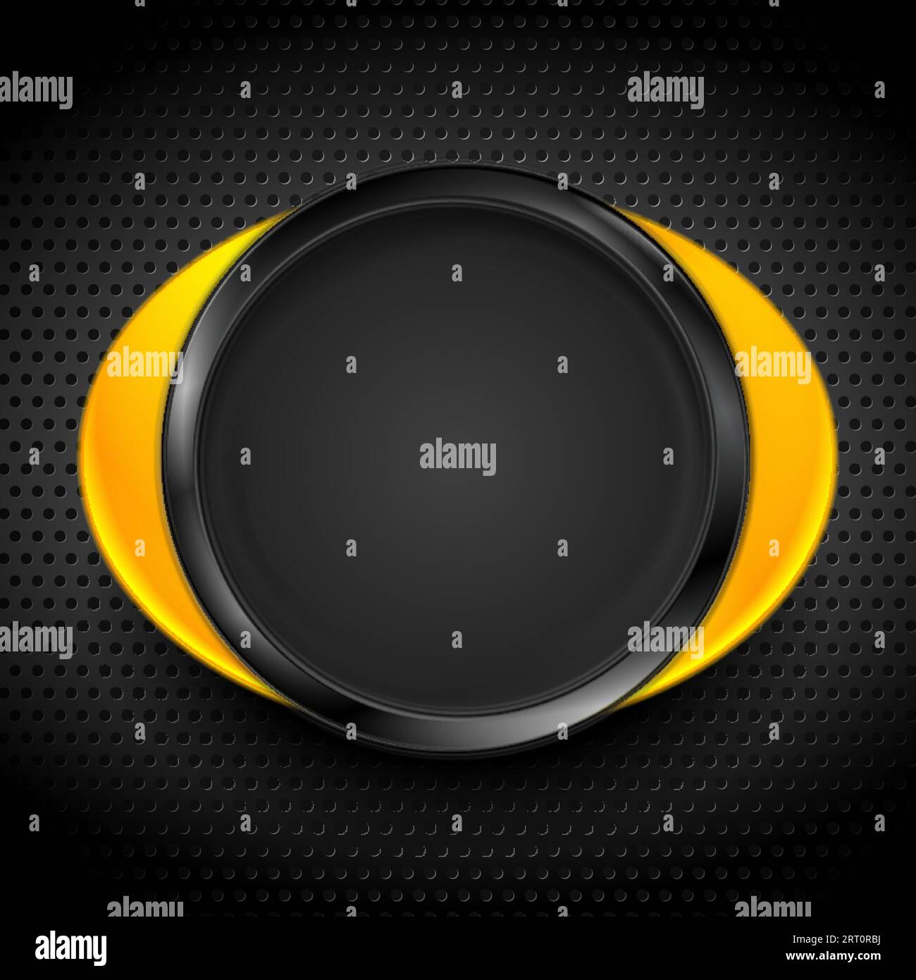 Yellow black glossy circle frame on dark perforated background ...