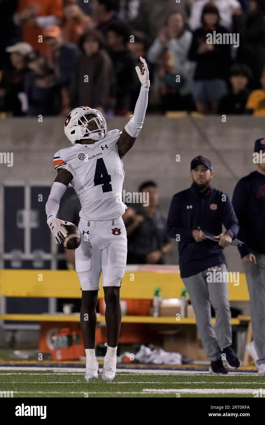 Auburn cornerback D.J. James reacts after intercepting a California ...