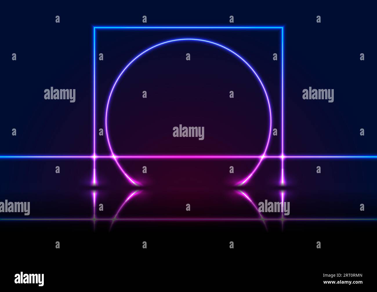 Blue ultraviolet neon laser lines concept illustration. Reflected square and circle geometric ...