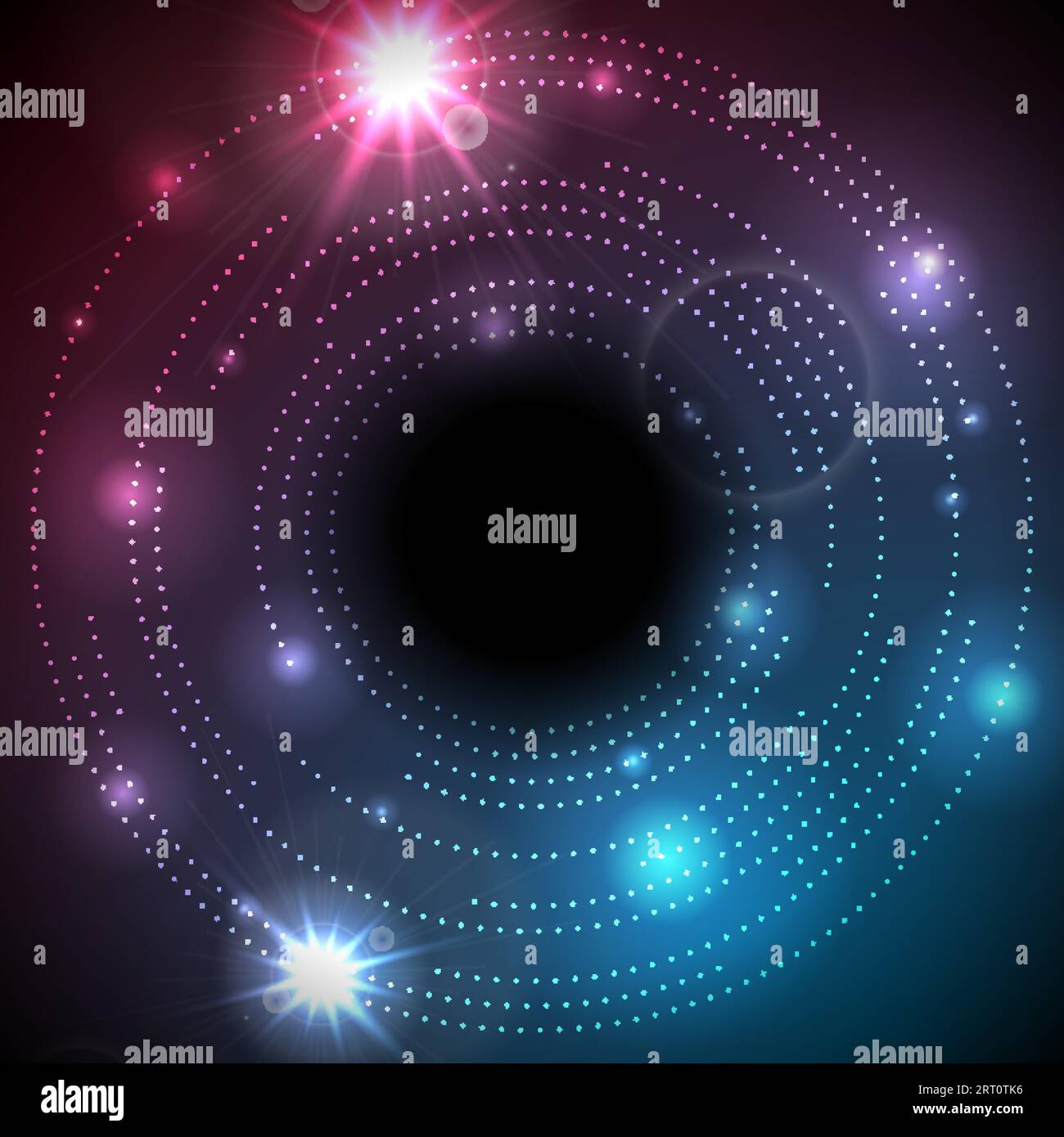 Abstract tech futuristic dotted lines circles with lens flare. Blue purple sci-fi background ...