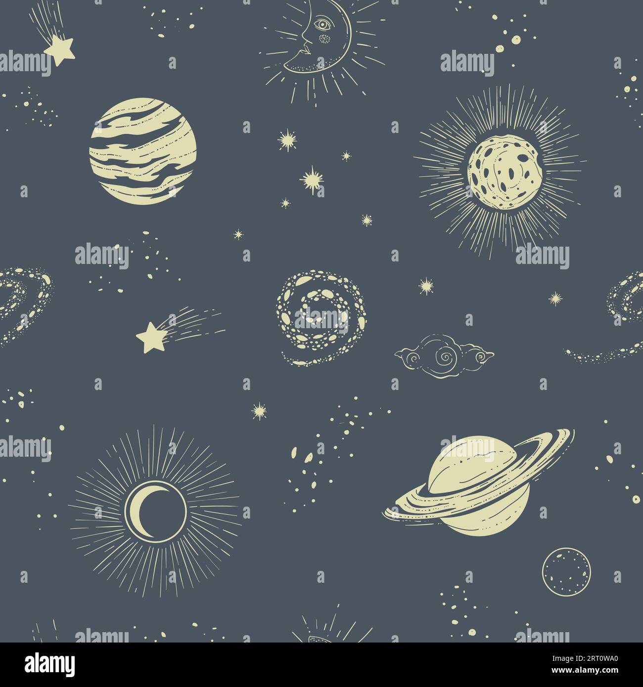 Planets and stars, vintage celestial bodies at sky. Crescent moon and ...