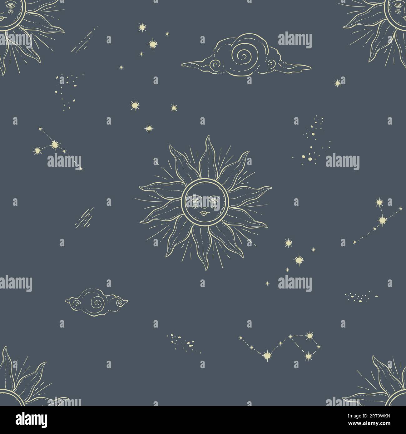 Sun, moon and clouds on vintage starry sky design. Constellations ...
