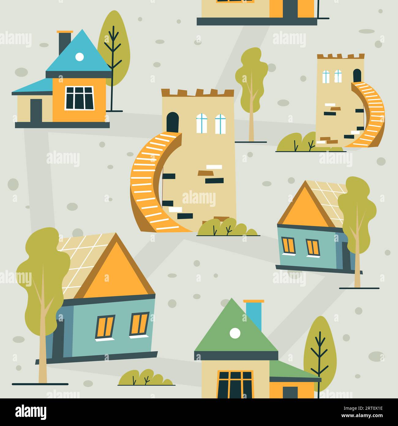 Town or small city houses and rustic homes. Historical sights and a ...