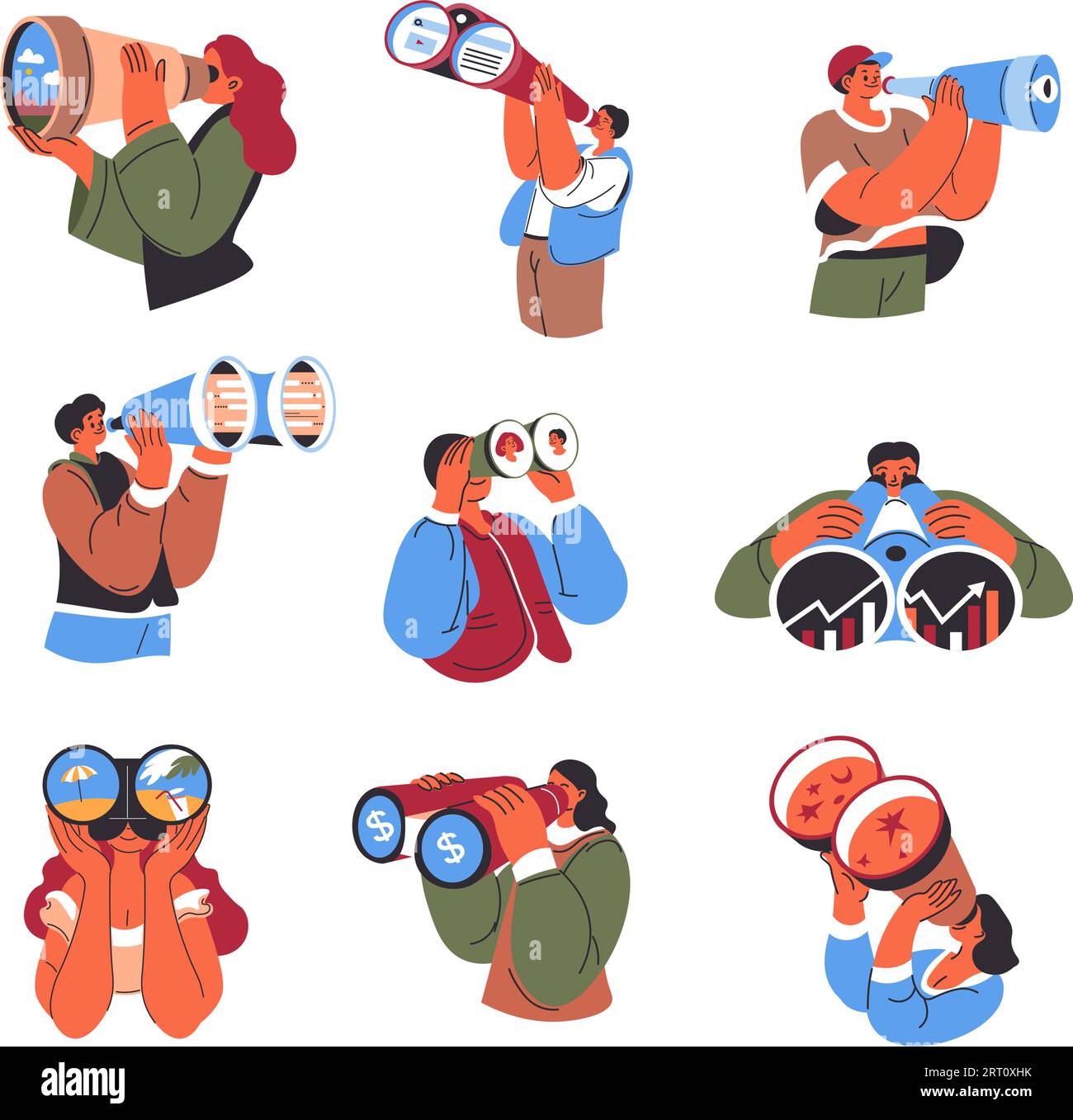 Men and women looking through binoculars, people with opportunity for ...