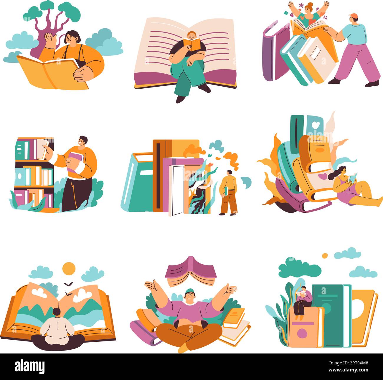 Characters enjoying literature and books, students preparing for exams ...