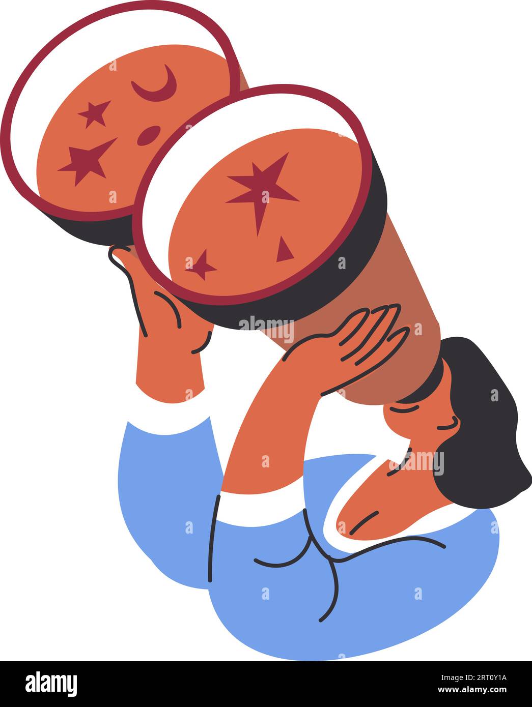 Female character observing and exploring night sky. Isolated woman ...