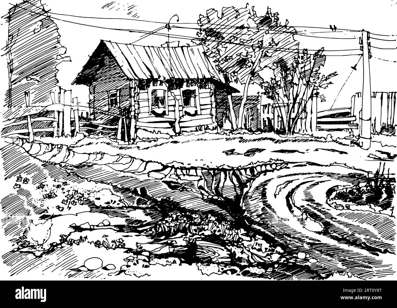 rural landscape with wooden house, hand drawn and converted to vector ...