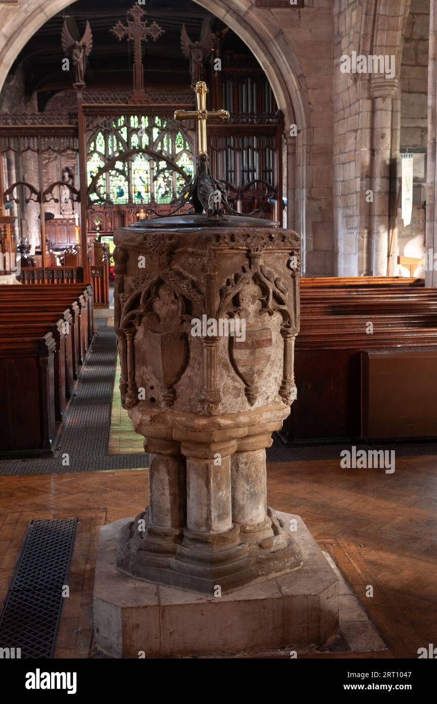 The font, St. Peter`s Church, Market Bosworth, Leicestershire, England ...