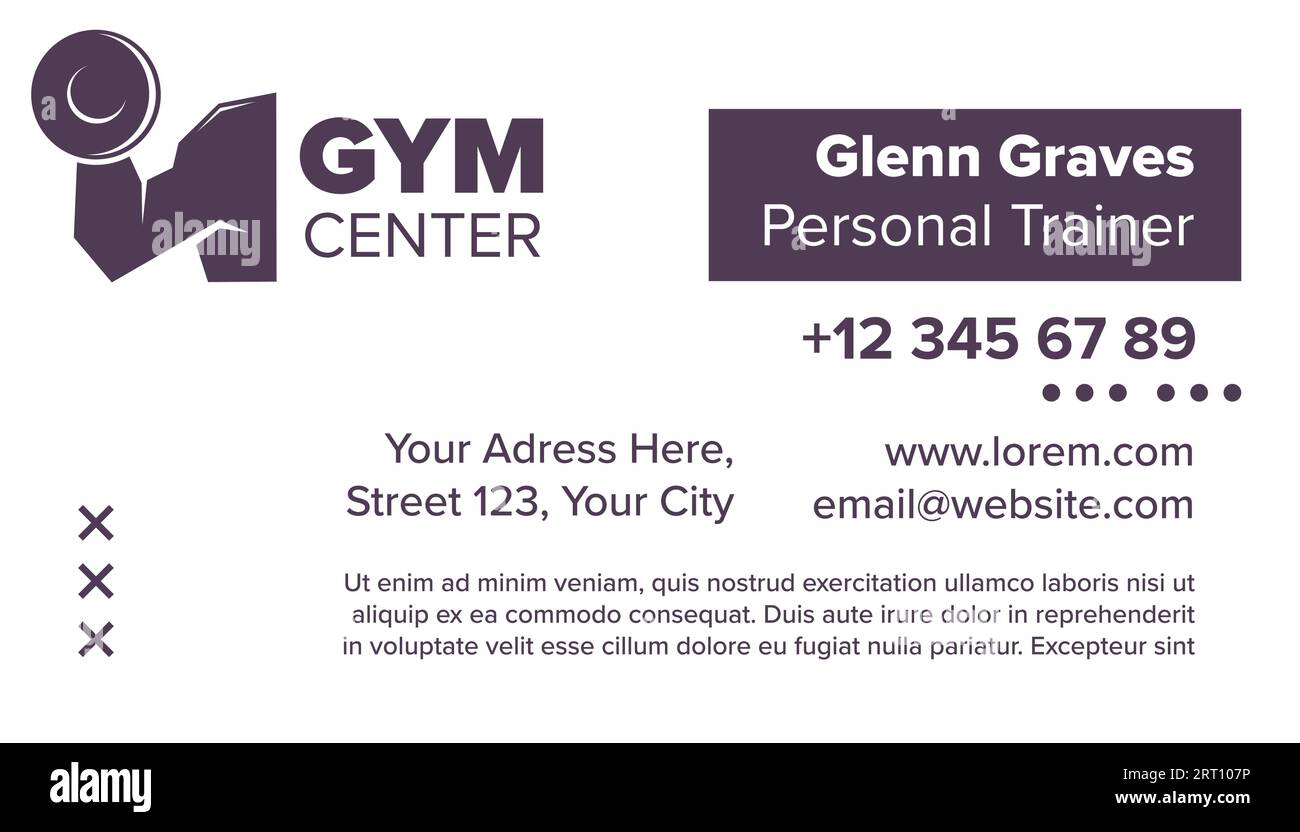 Personal trainer from gym center, business card with address and phone ...