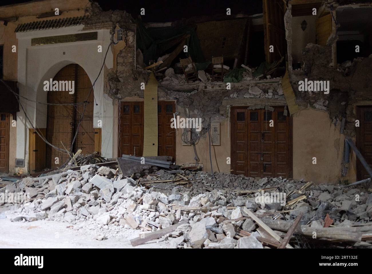 Marakkesh, Morocco. 10th Sep, 2023. Damaged buildings around the square ...