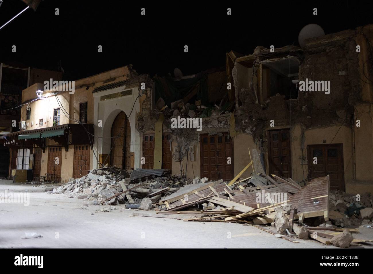 Marakkesh, Morocco. 10th Sep, 2023. Damaged buildings around the square ...