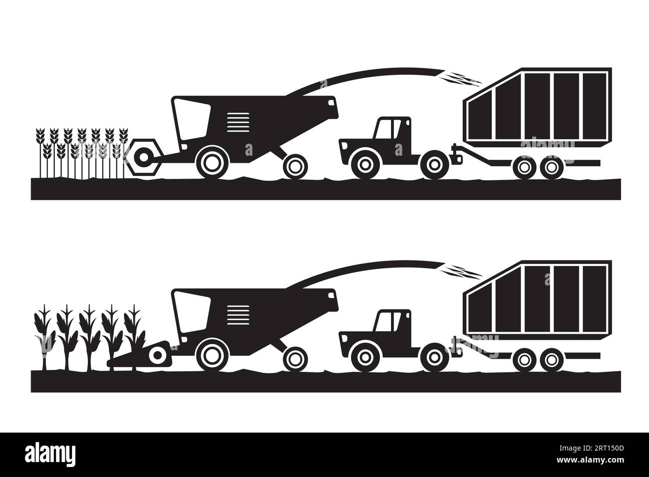 Combine harvester and tractor in wheat and corn fields - vector ...