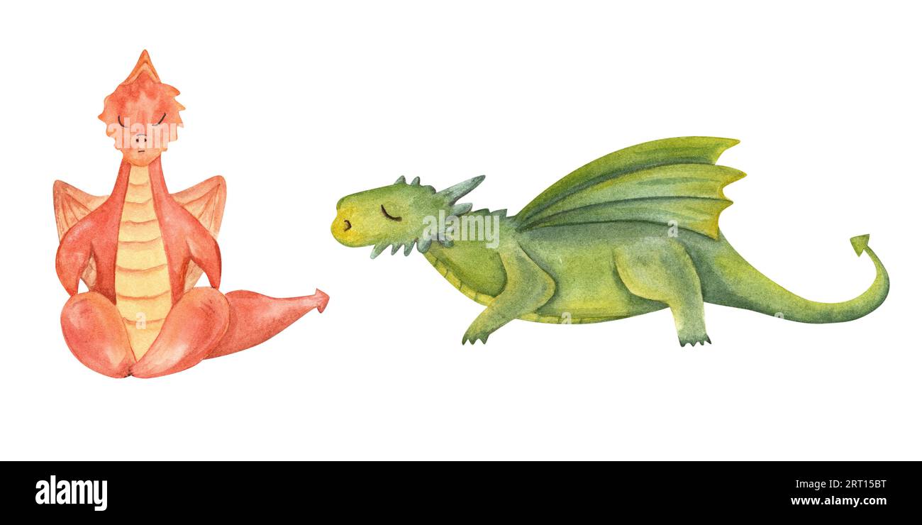 Orange and green Dragons doing yoga. Plank Exercise, lotus pose. Winged ...