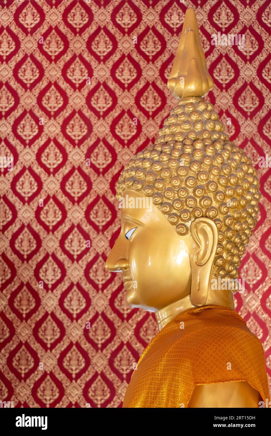 A gilded Buddha statue in profile against a decorative wall background ...