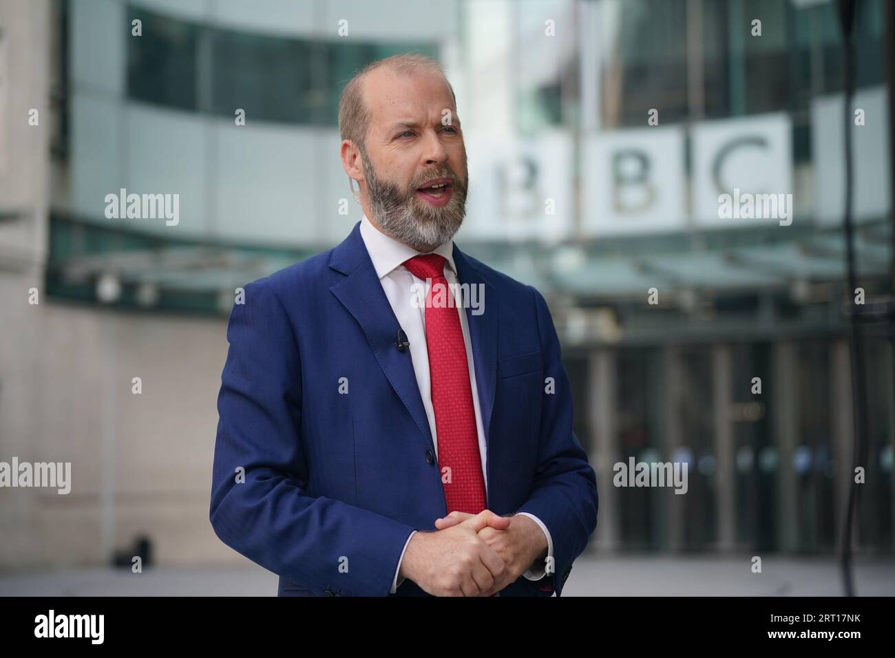 Shadow business secretary Jonathan Reynolds speaks to the media outside BBC Broadcasting House ...