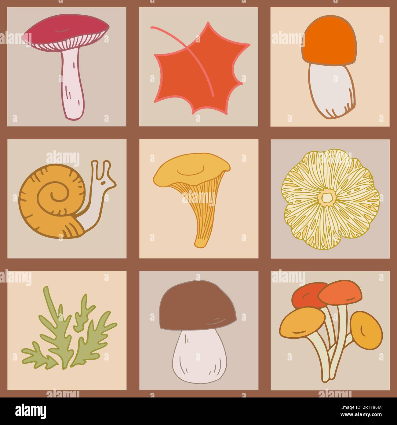 Collection of square cards with hand drawn autumn symbols. Checkered ...