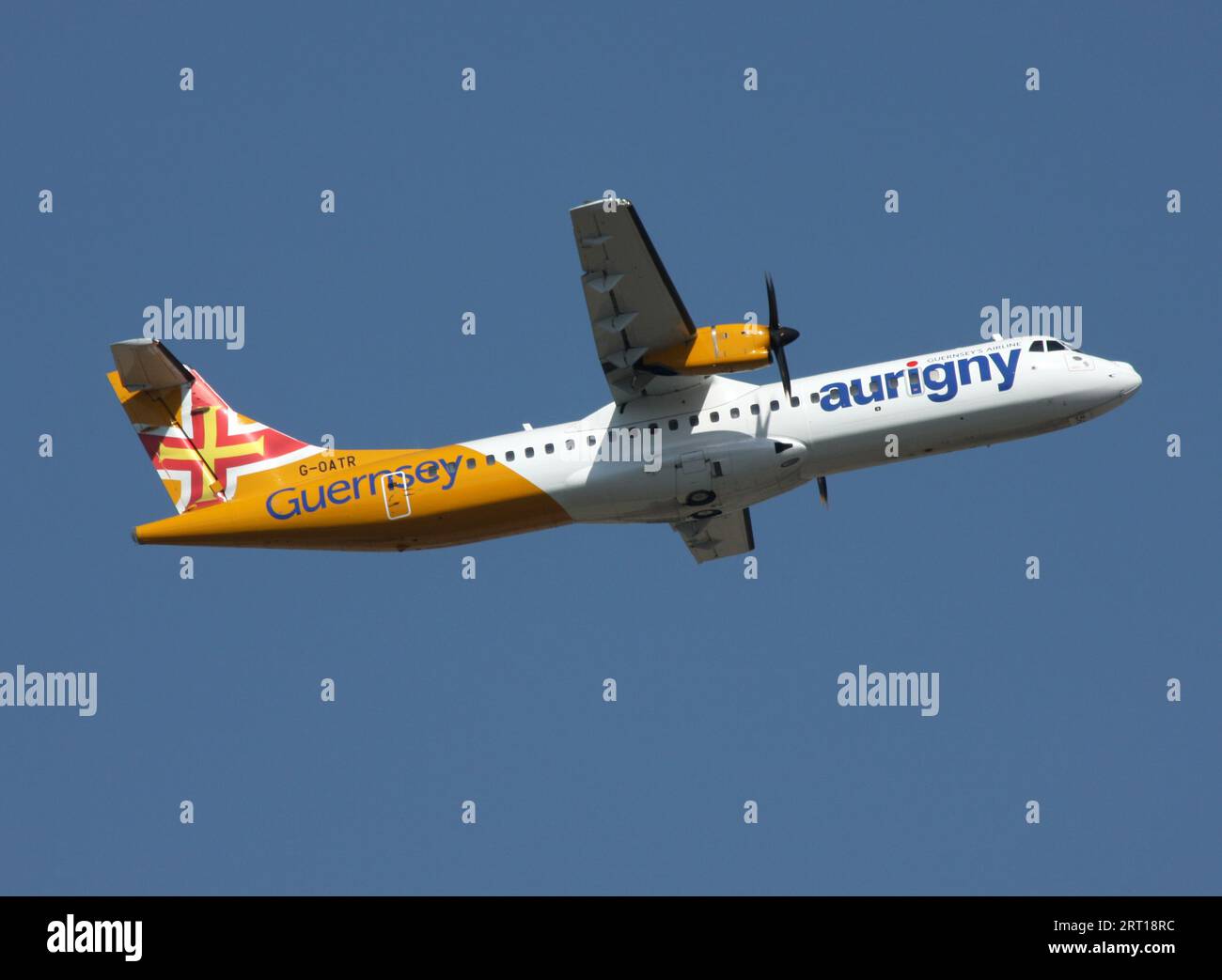 An ATR 72-600 of Aurigny Air Services departs London Gatwick Airport ...