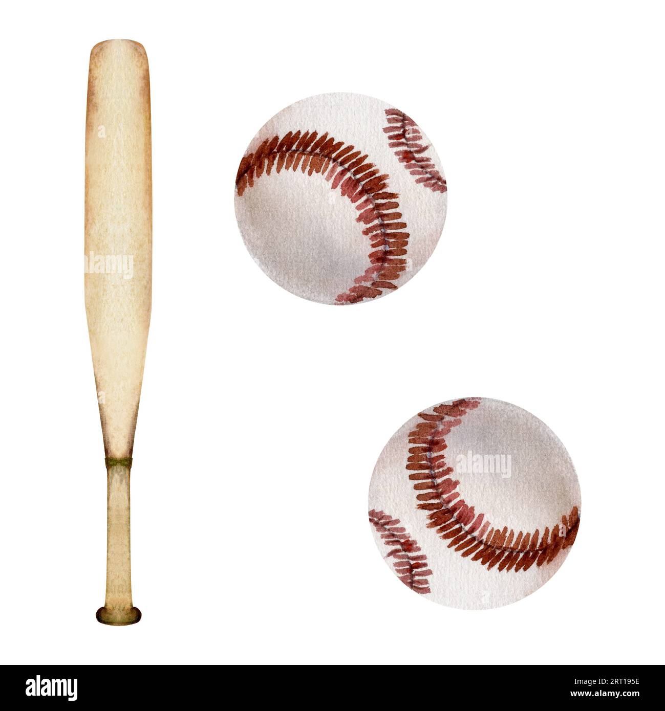 Hand drawn watercolor sports gear equipment, american baseball bat ...