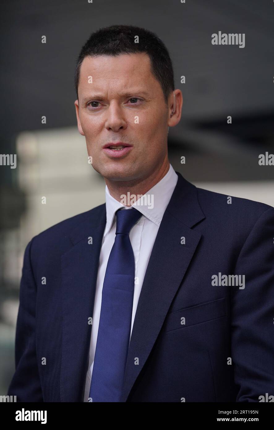 Justice Secretary Alex Chalk speaks to the media outside BBC ...