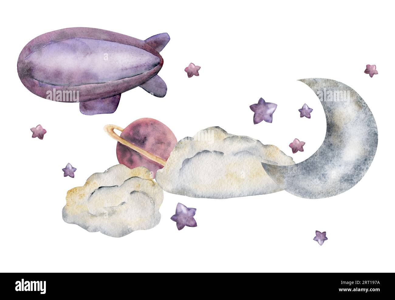 Watercolor hand drawn illustration, magical cosmos universe. Airship ...
