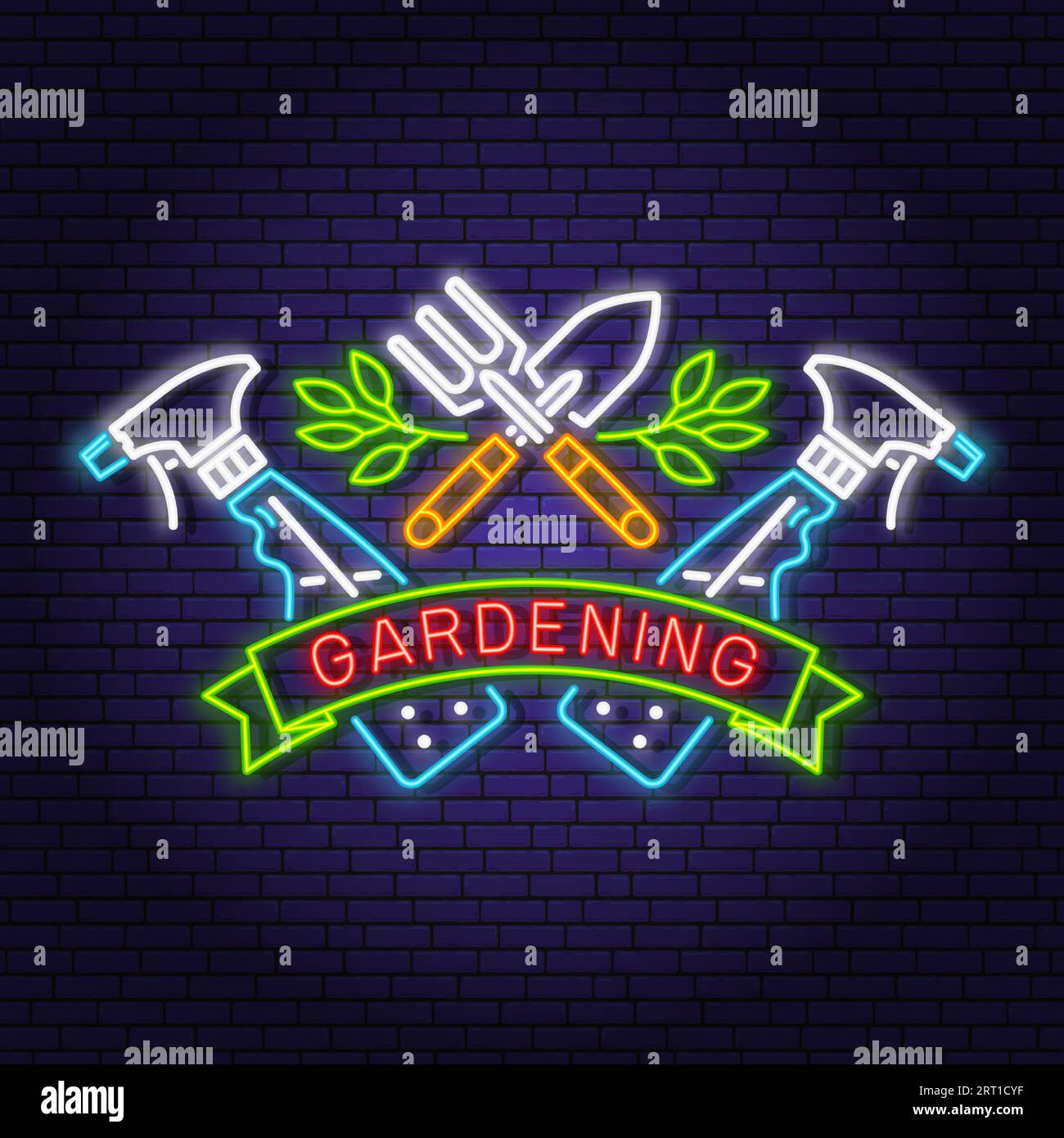 Lawn and Gardening services neon emblem, label, badge, logo. Vector ...