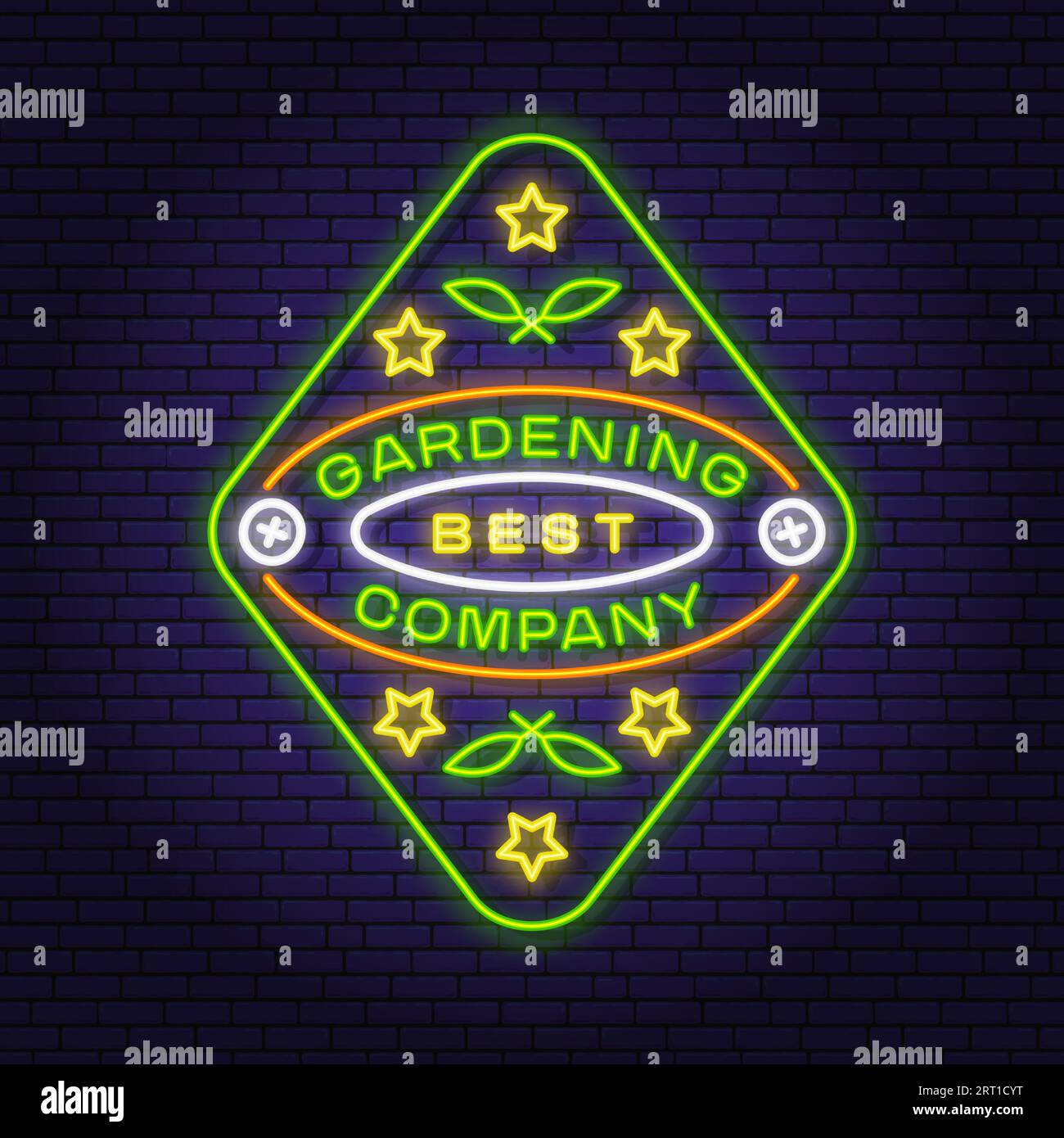 Gardening company neon emblem, label, badge, logo on chalkboard. Vector ...