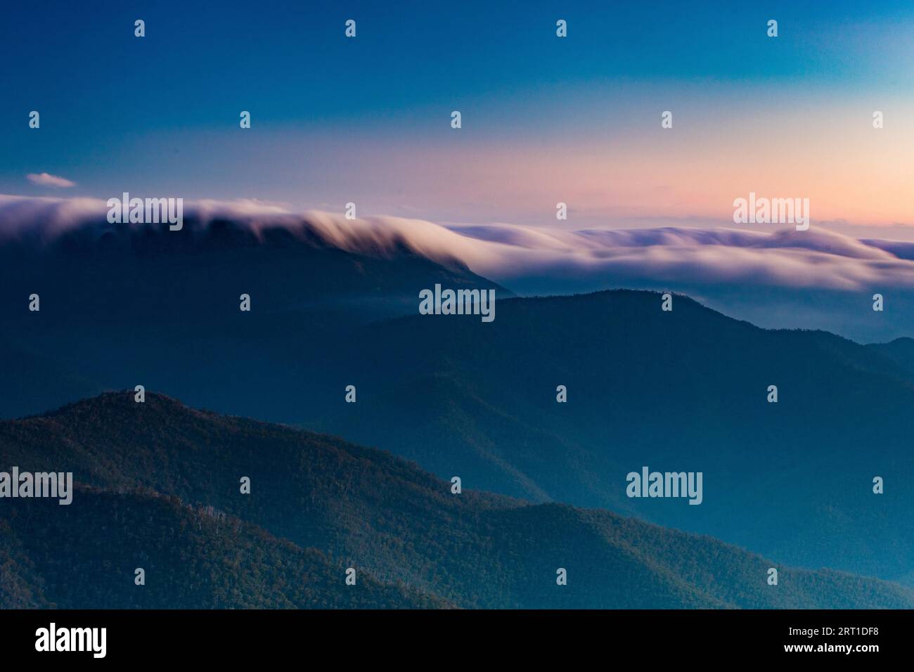 Landscape views of sunset from the summit of Mt Buller over the ...