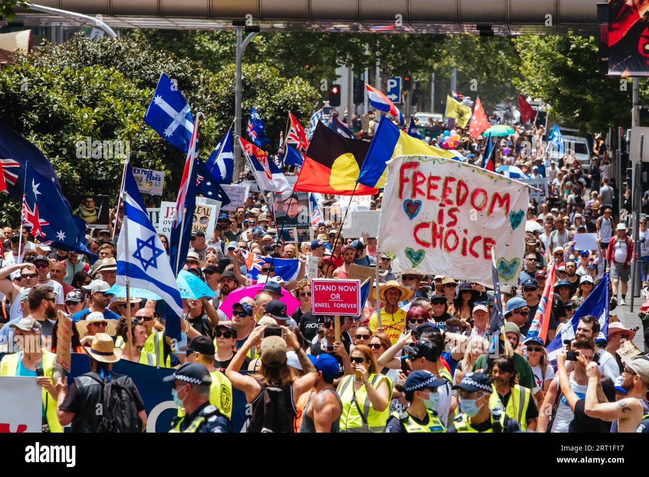 MELBOURNE, AUSTRALIA, DECEMBER 18, 2021: Protesters oppose vaccine laws ...