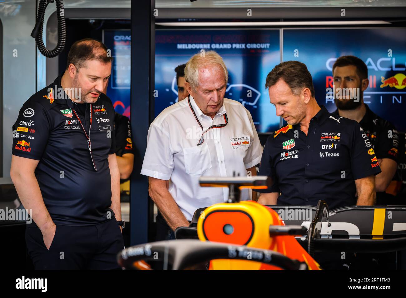 MELBOURNE, AUSTRALIA, APRIL 8: Helmut Marko and Christian Horner of Red Bull Racing discuss ...
