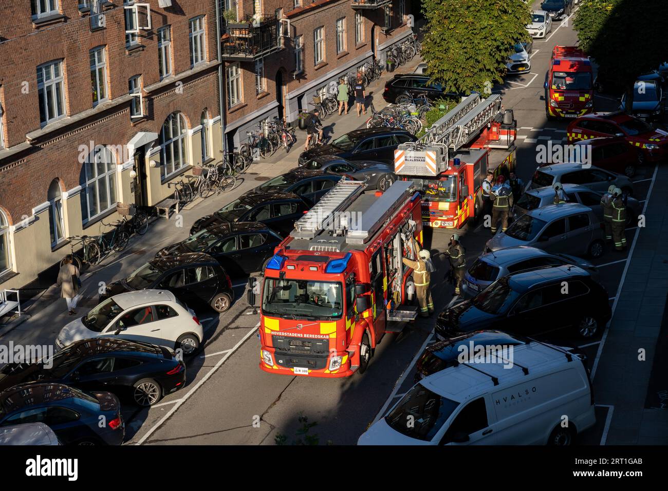 Copenhagen, Denmark, September 01, 2021: High angle view of fire trucks ...