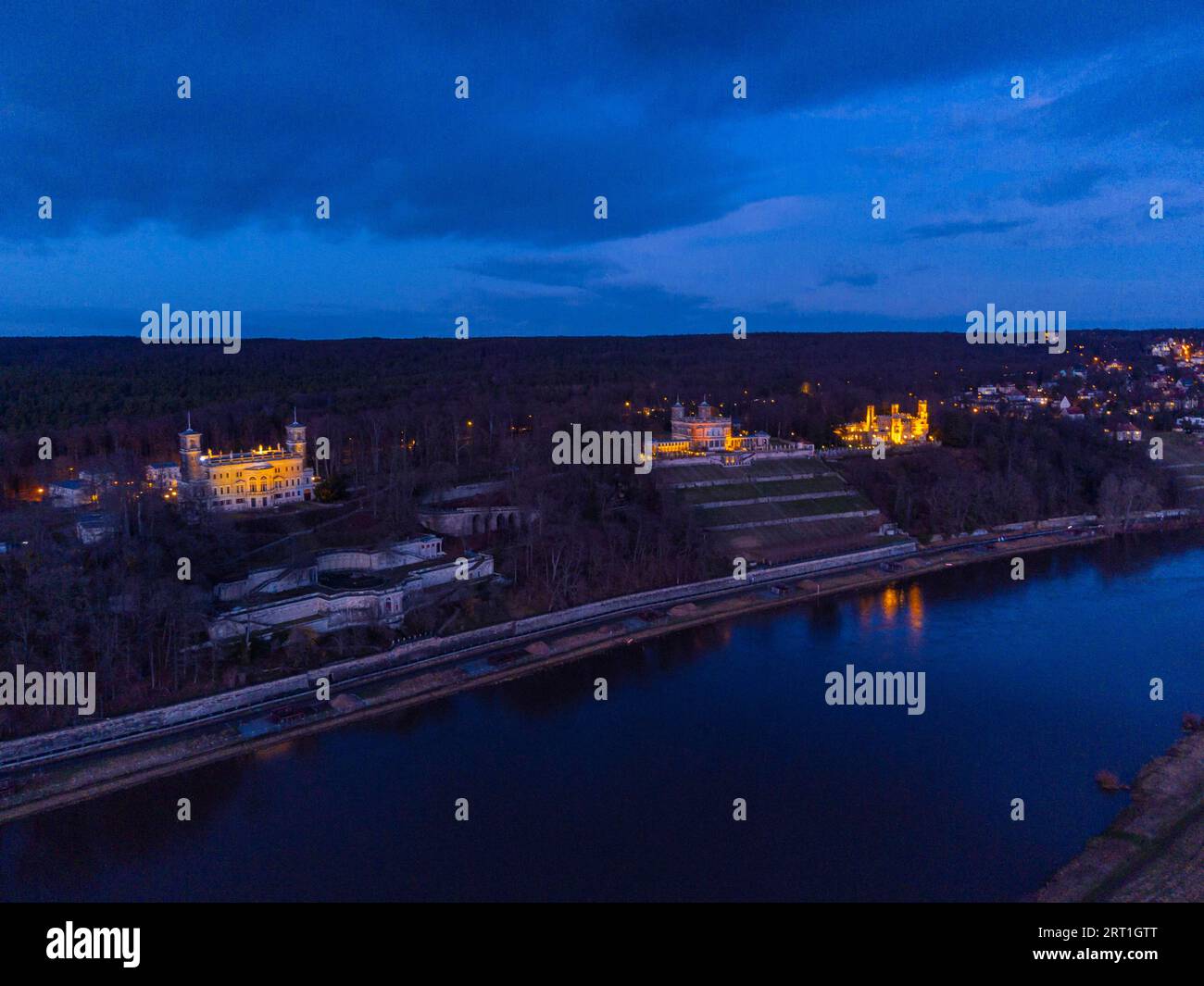 The three Elbe castles in the evening. Abrechtsberg Castle, Villa ...