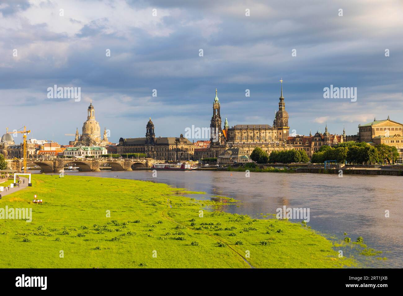 Dresden's old town silhouette in the summer sunlight, the Elbe is ...