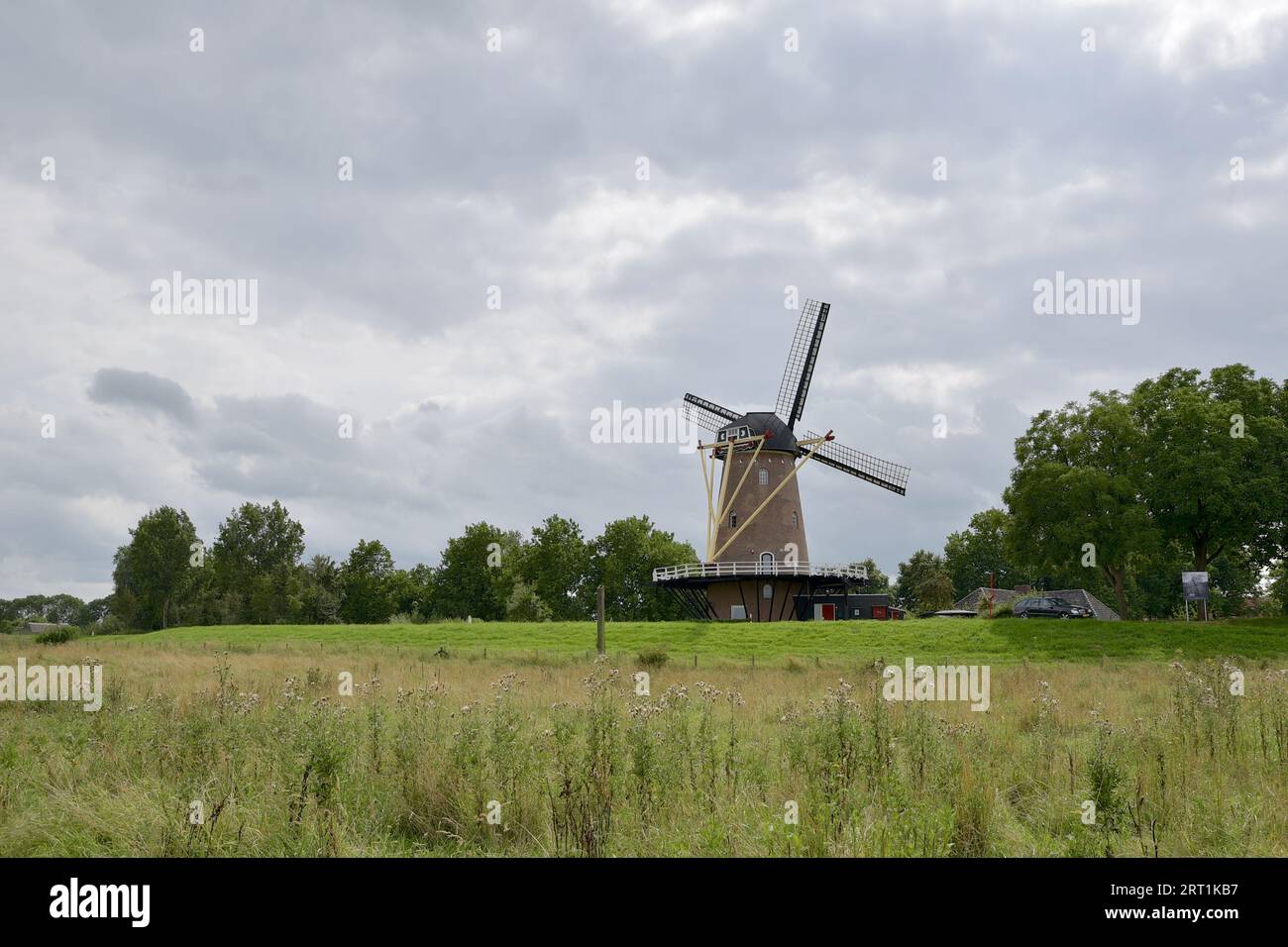 Traditional Dutch landscape with flour mill, cloudy sky and deciduous ...