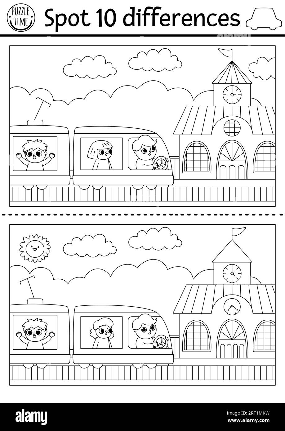 Find differences game for children. Transportation black and white ...