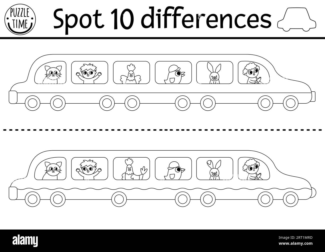 Find differences game for children. Transportation black and white ...