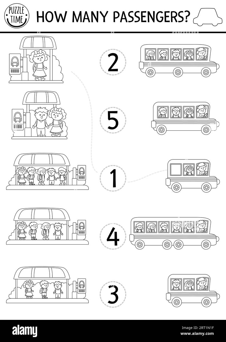 Match the numbers black and white transportation game with school bus ...