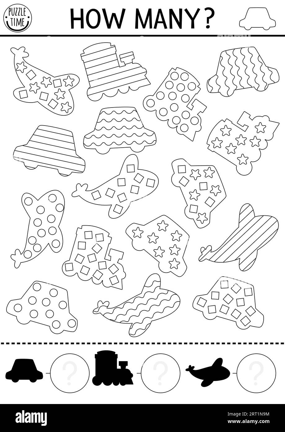 Counting and shape recognition black and white game with cute transport ...