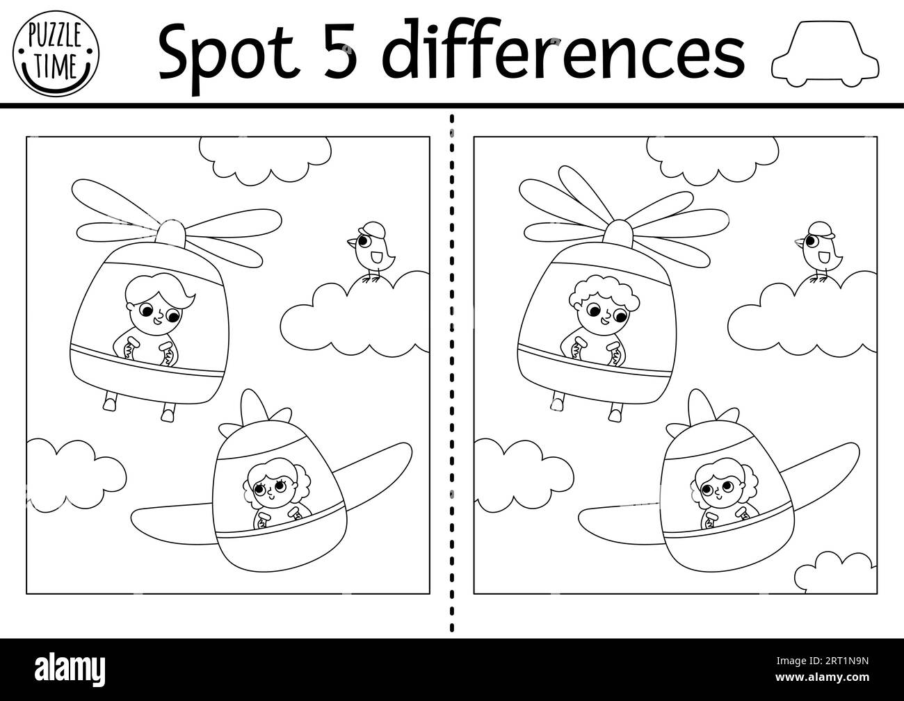 Find differences game for children. Transportation black and white ...