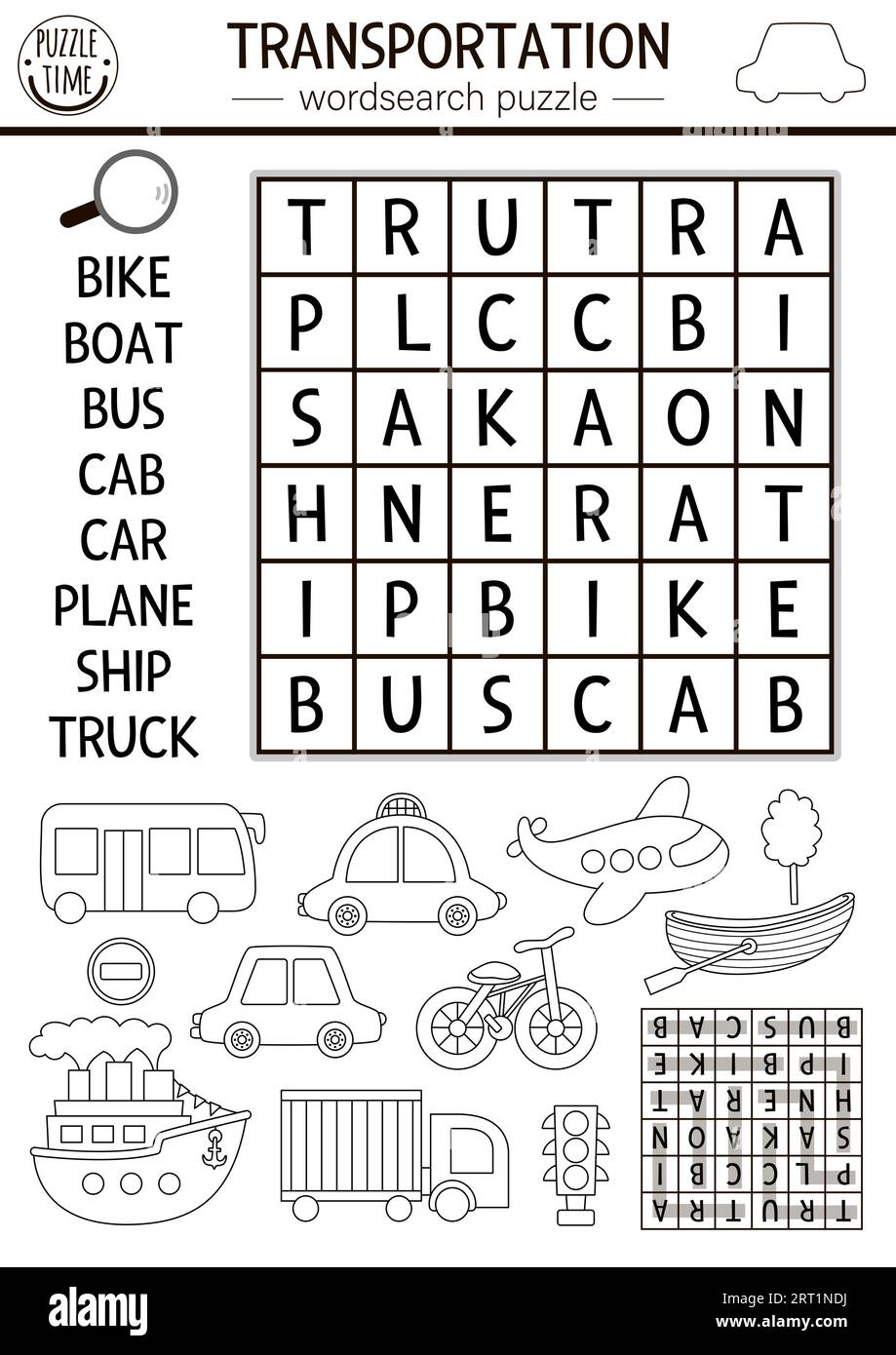 Vector transportation wordsearch black and white puzzle for kids ...