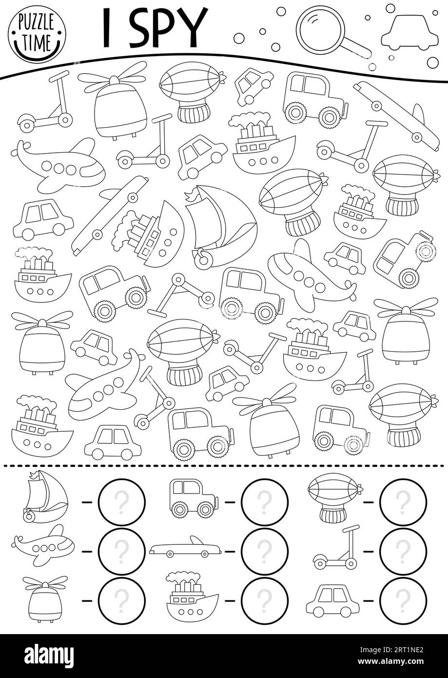 Transportation I spy black and white game for kids. Searching and ...