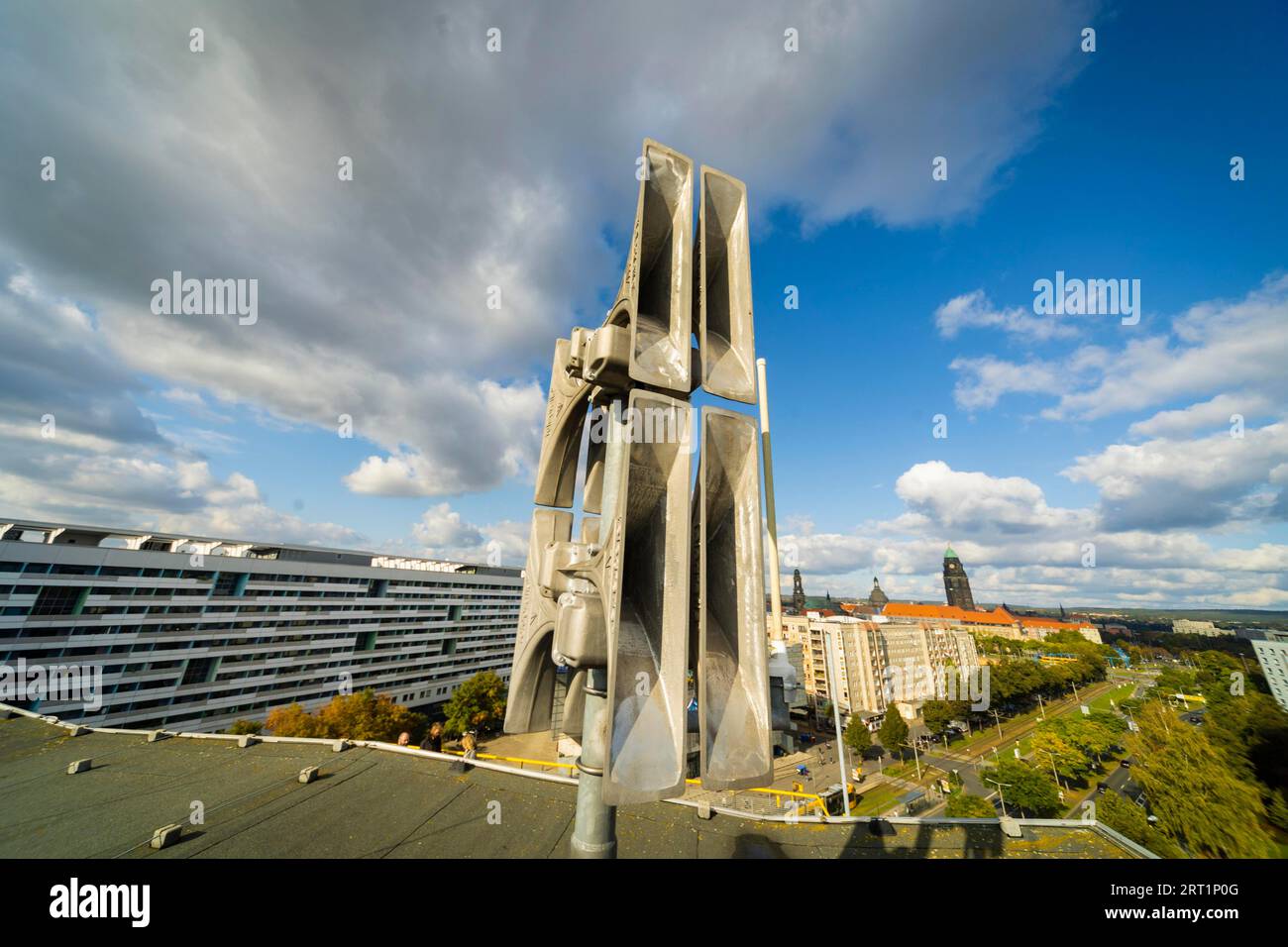Siren system on a high-rise building in Dresden. It is used to warn the ...