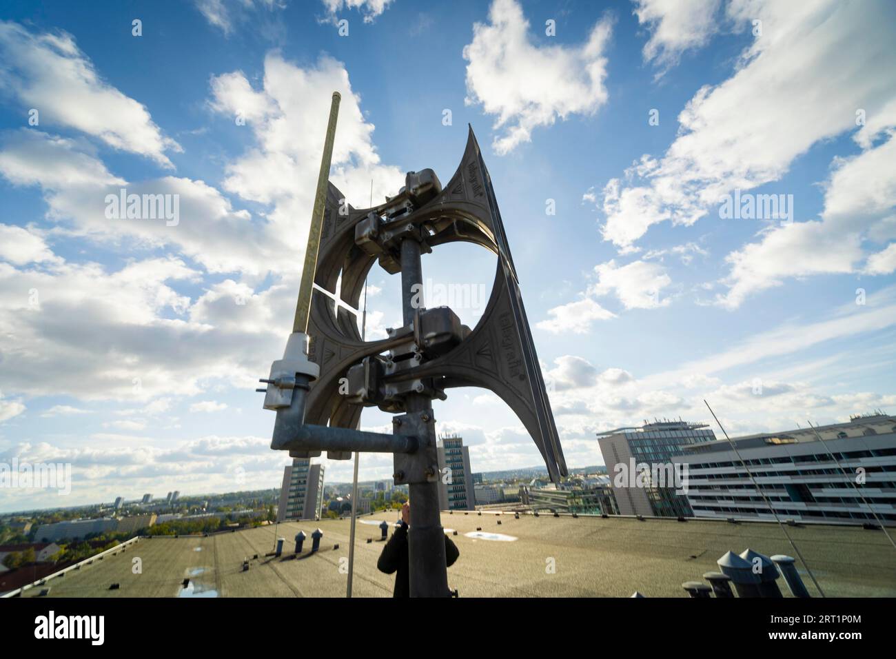Siren system on a high-rise building in Dresden. It is used to warn the ...