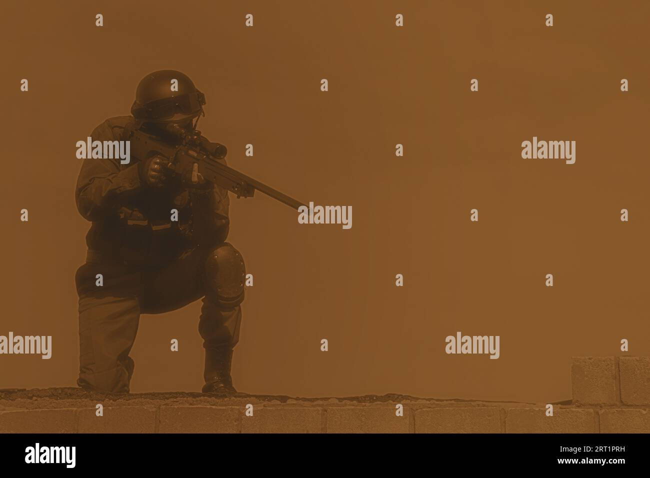 SWAT police sniper in black uniform in action on the roof top Stock ...