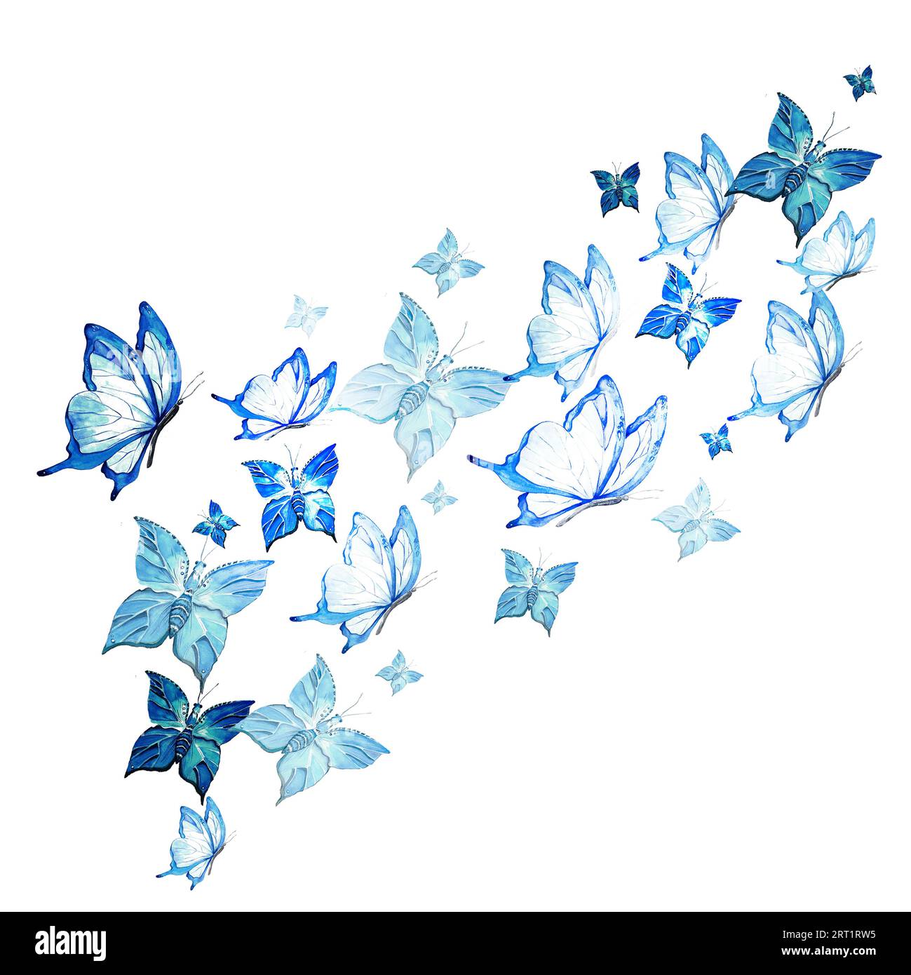 a set of watercolor illustrations. blue butterflies, lotus flowers ...