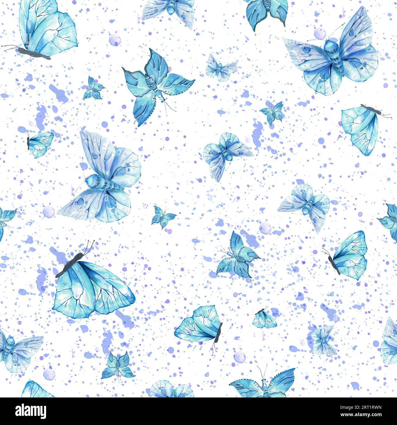 a set of watercolor illustrations. blue butterflies, lotus flowers ...