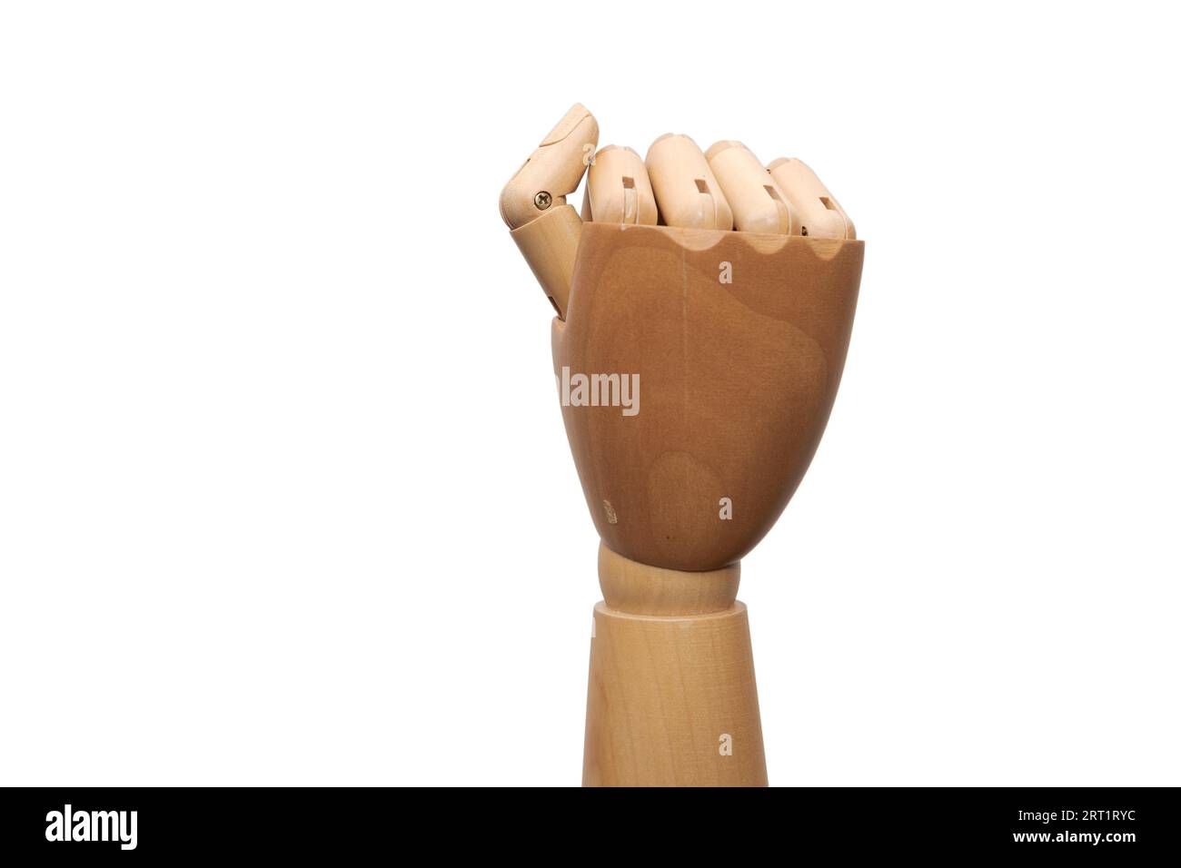 Right hand of wooden dummy mannequin clenching fingers to fist on white ...
