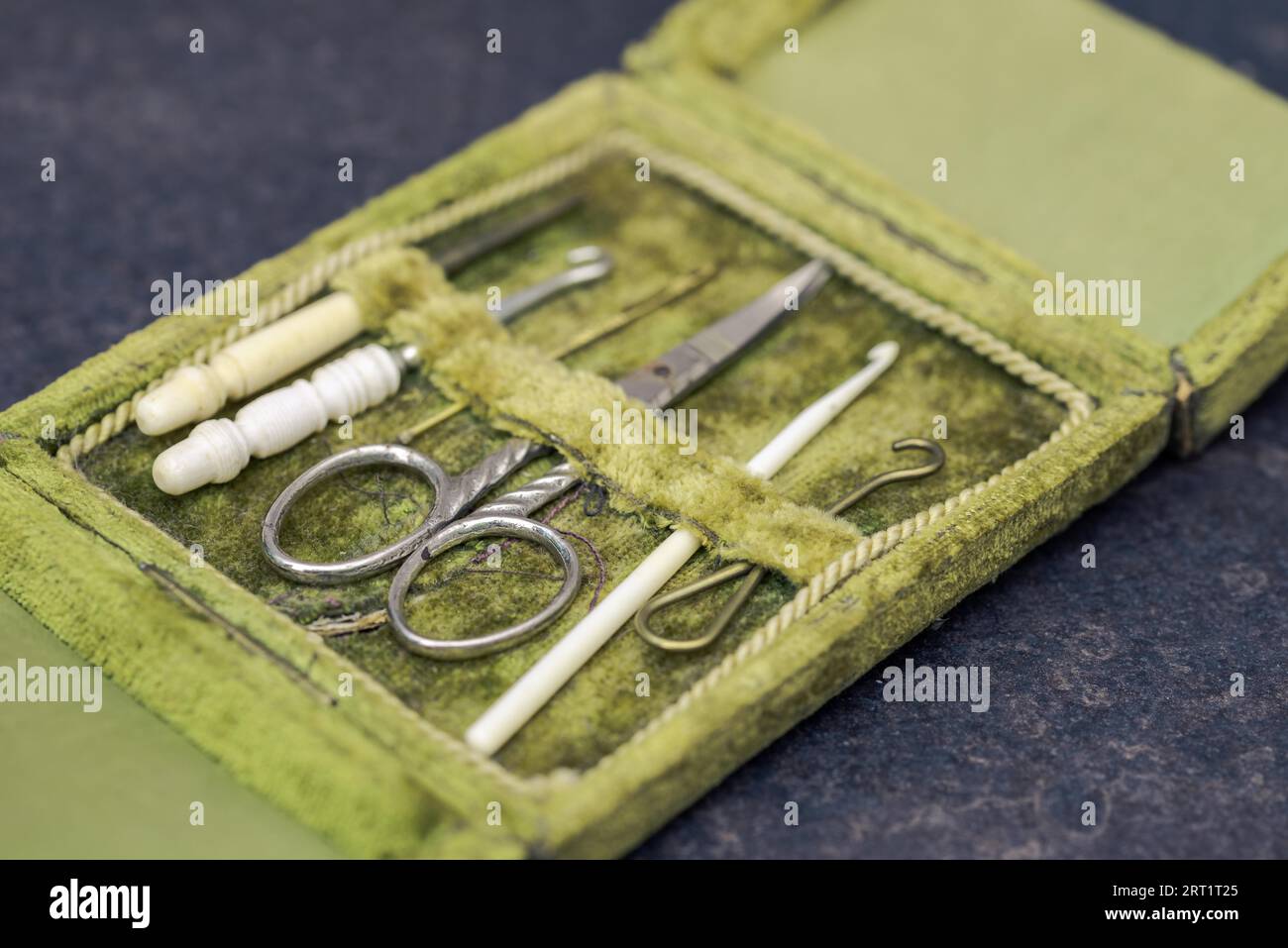 Antique rare sewing kit in open green velvet box with scissor, sewing ...