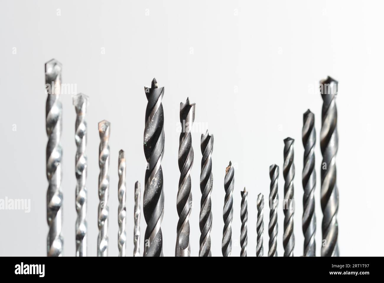 Detail of set of various drills in different sizes for wood, iron and ...