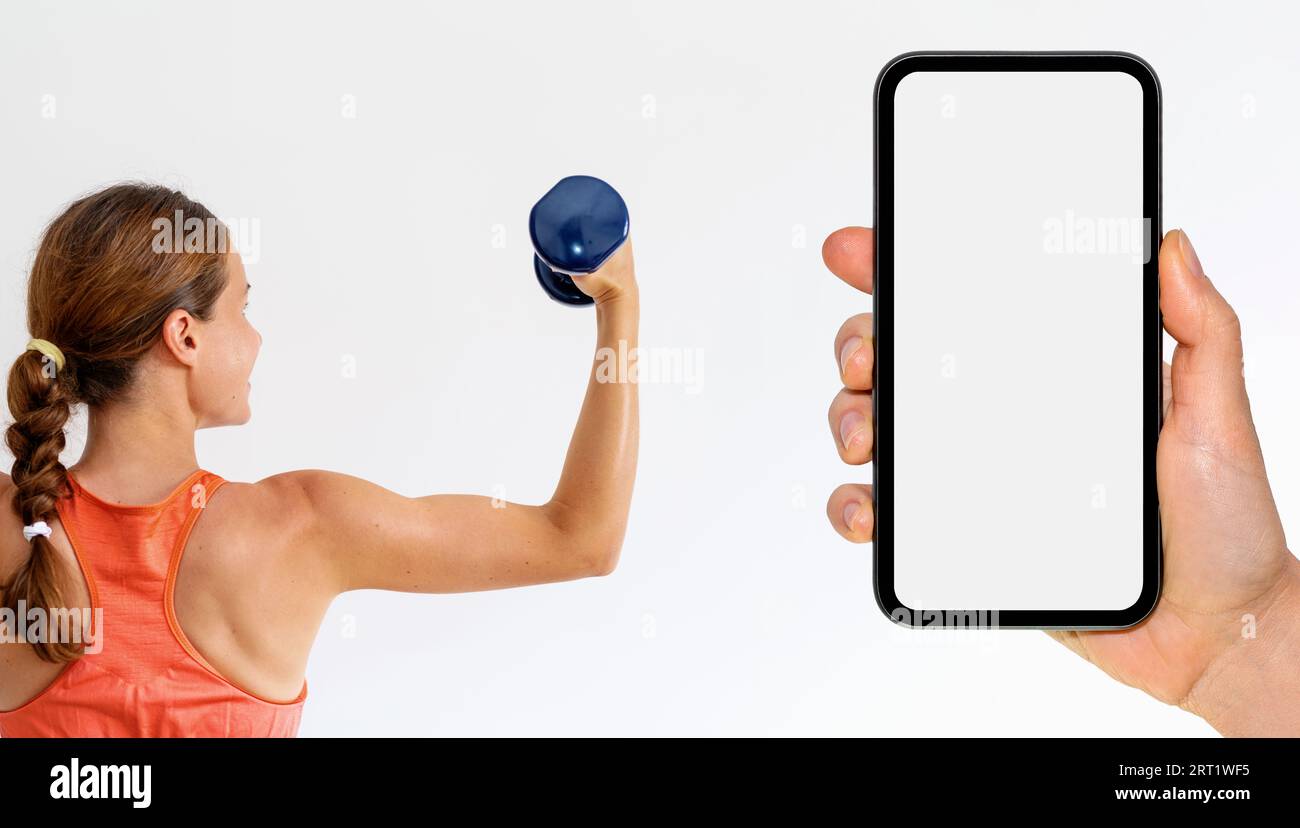 Banner for fitness and gym mobile app with female athlete with dumbbell ...
